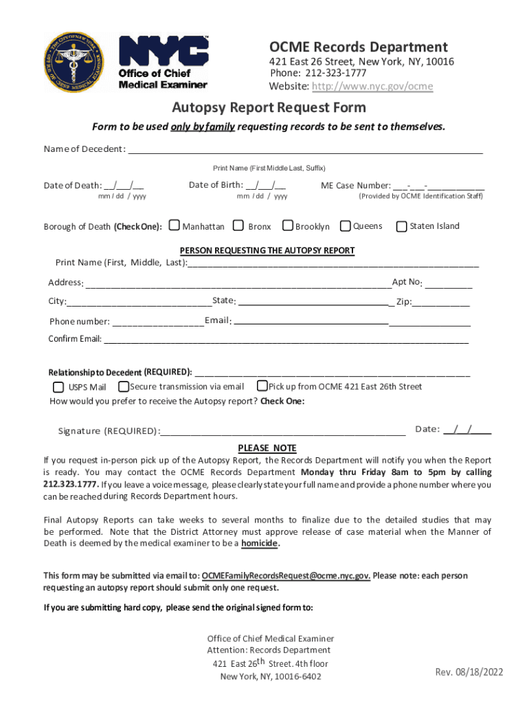 Fillable Online OCME Records Department Autopsy Report Request Form Fax ...