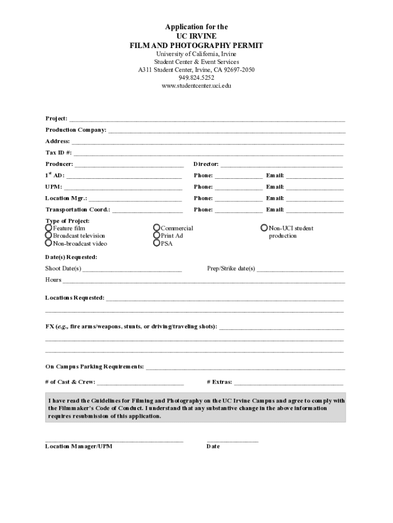 Fillable Online Application for the UC Irvine Film and Photography ...