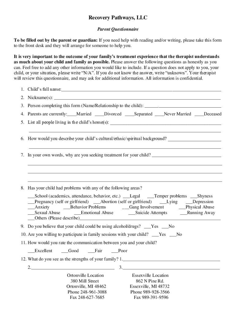 Fillable Online Adult Intake Form - Recovery Pathways, LLC Fax Email ...