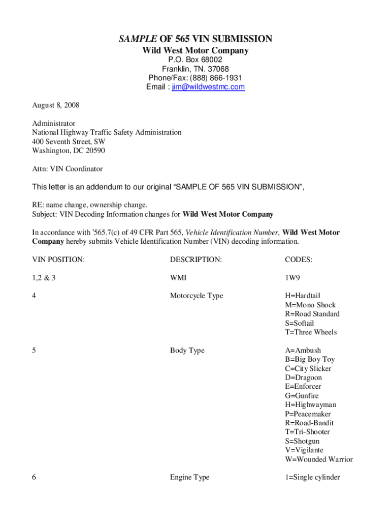 Fillable Online SAMPLE OF 565 VIN SUBMISSION - Wild West Motor Company ...
