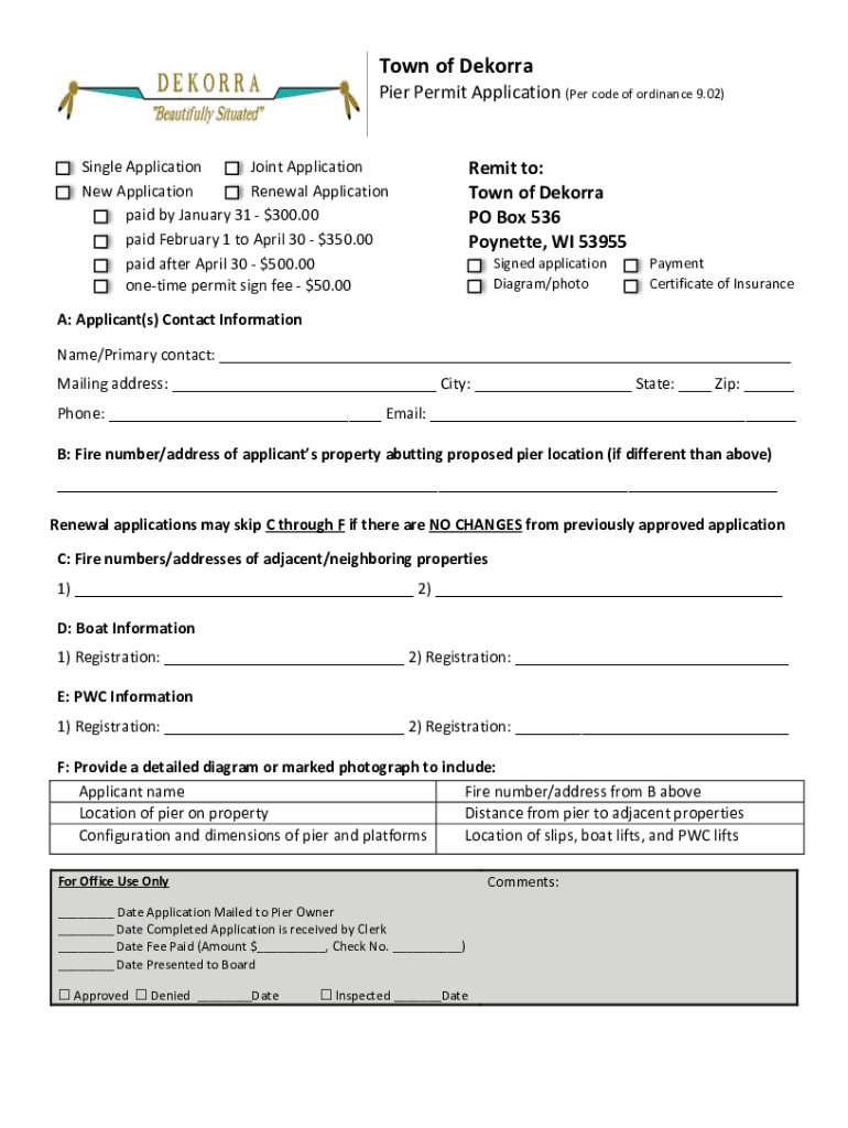 Fillable Online Town of Dekorra - Pier Permit Application (Per code of ...