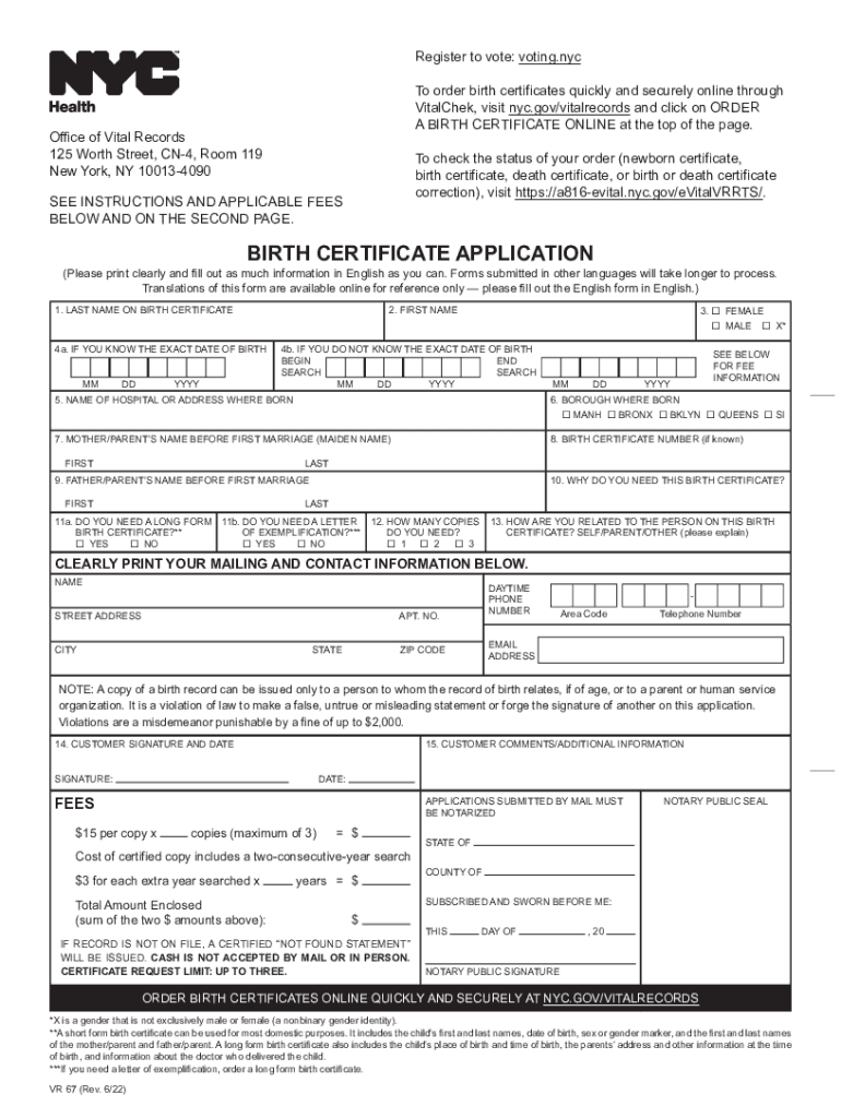 Fillable Online Birth Certificates - NYC HealthRegister to VoteNYC ...