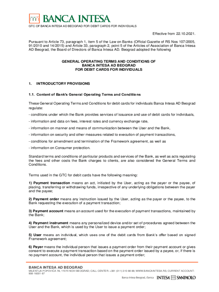 Fillable Online gtc of banca intesa ad beograd for debit cards for ...