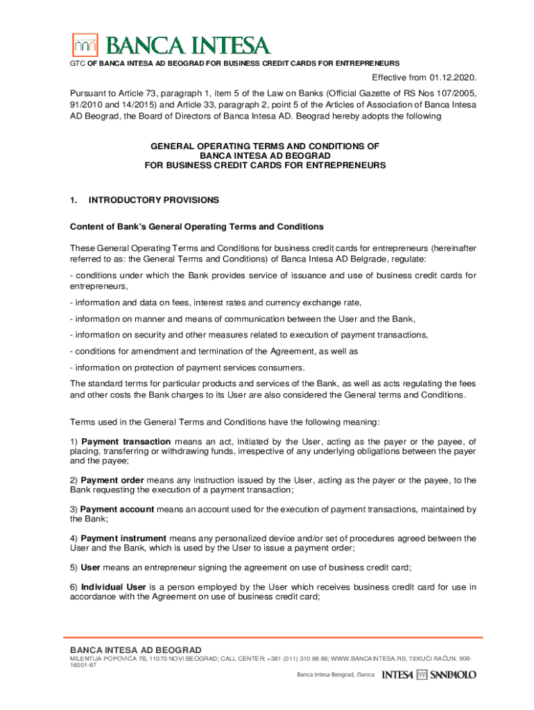 Fillable Online gtc of banca intesa ad beograd for business credit ...