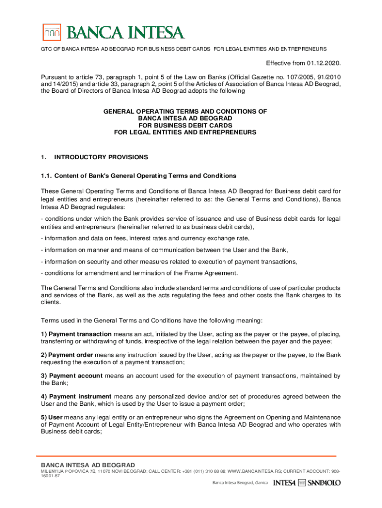 Fillable Online gtc of banca intesa ad beograd for business debit cards ...