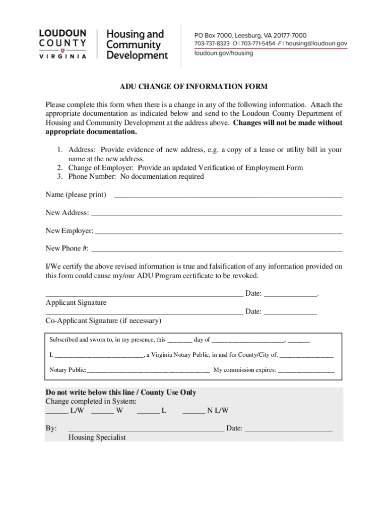 Fillable Online ADU CHANGE OF INFORMATION FORM Please complete this ...