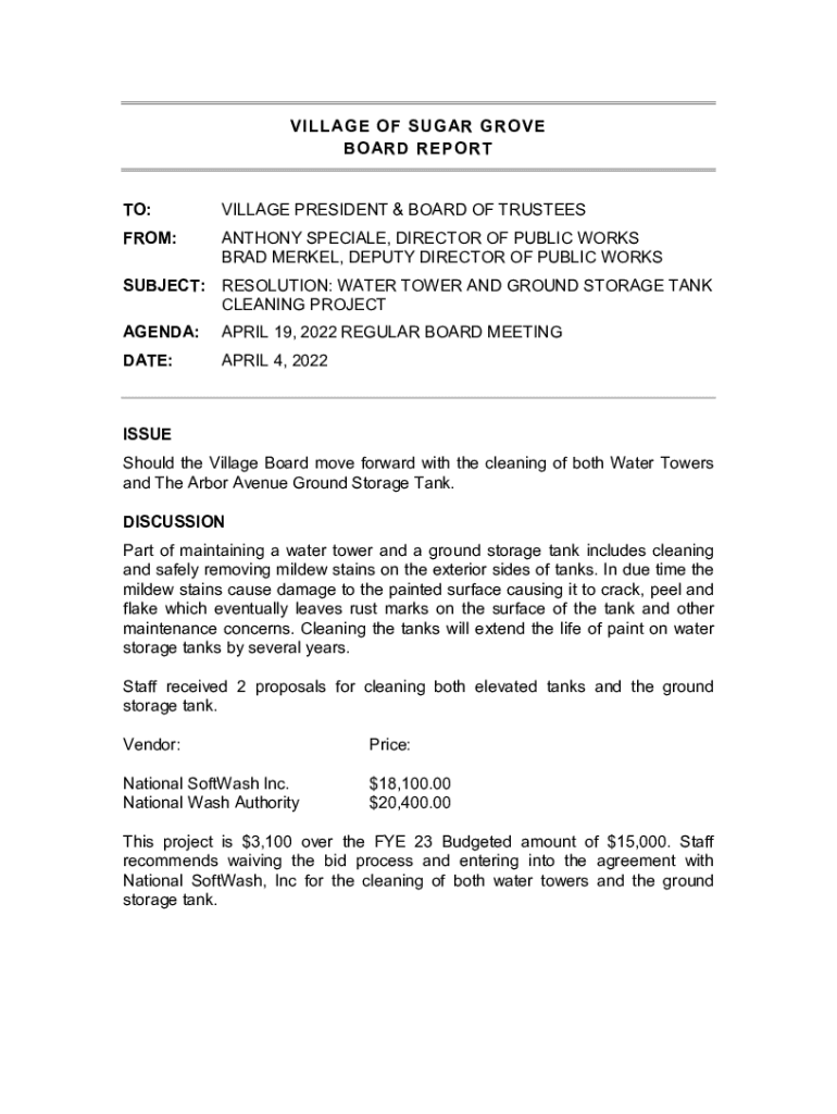 Fillable Online SUBJECT: RESOLUTION: WATER TOWER AND GROUND STORAGE ...