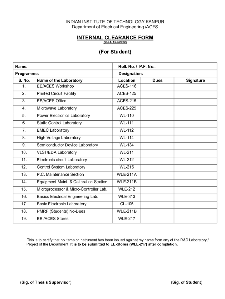 Fillable Online INTERNAL CLEARANCE FORM (For Student) - IIT Kanpur Fax Email Print - pdfFiller