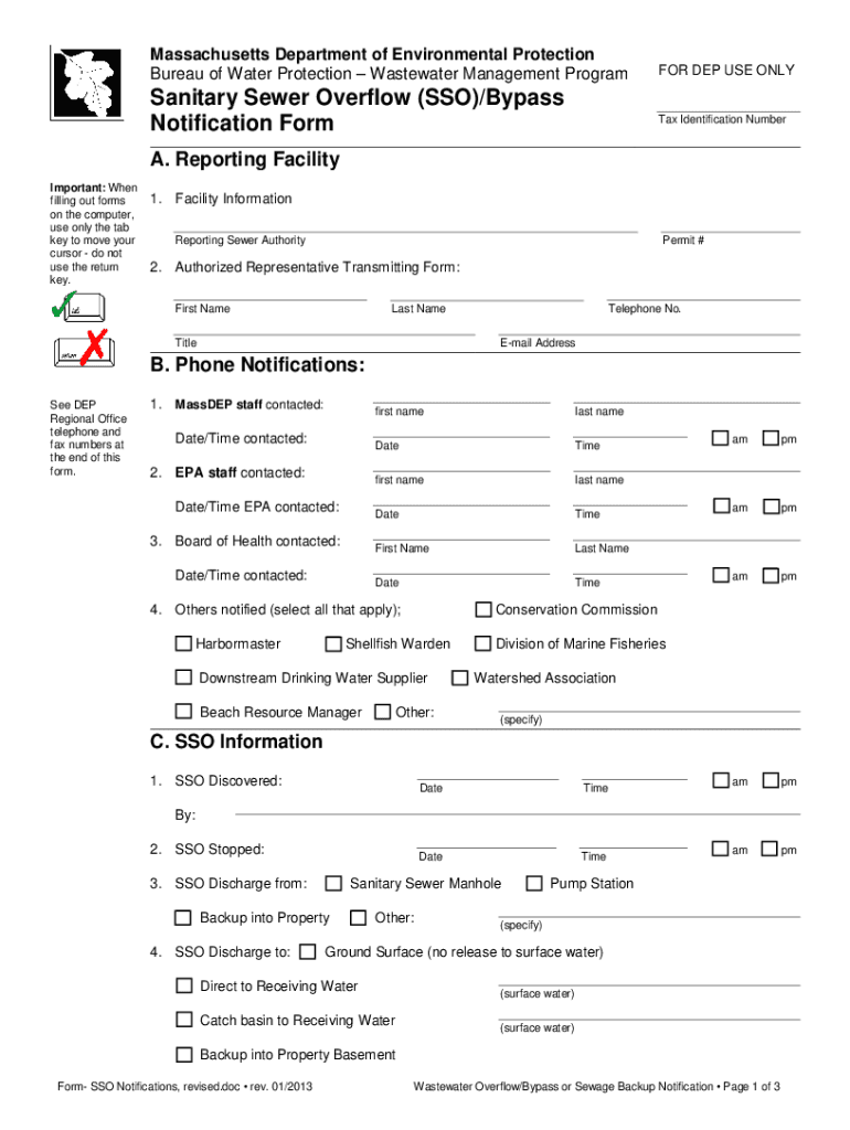 Fillable Online Sanitary Sewer Overflow (SSO)/Bypass Notification FormMass.gov Fax Email Print ...