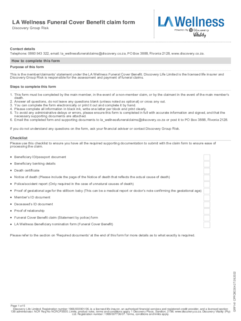 Fillable Online LA Wellness Funeral Cover Benefit claim form Fax Email ...