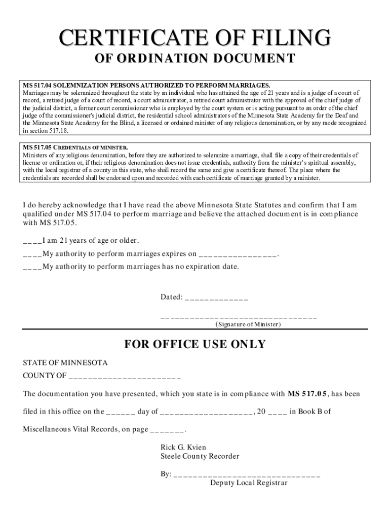 Fillable Online ORDINATION FILING CERTIFICATE - 2011.doc Fax Email ...