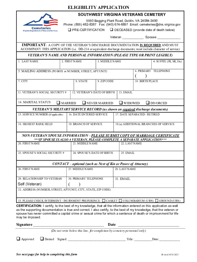 Fillable Online Eligibility For Burial In A VA National CemeteryDublin ...
