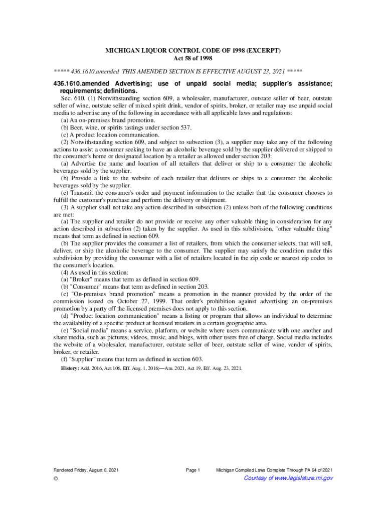 Fillable Online MICHIGAN LIQUOR CONTROL CODE OF 1998 (EXCERPT) Act 58 ...