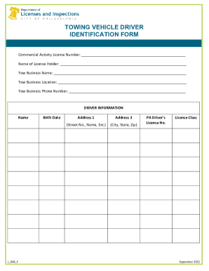 Fillable Online TOWING VEHICLE DRIVER IDENTIFICATION FORM Fax Email ...