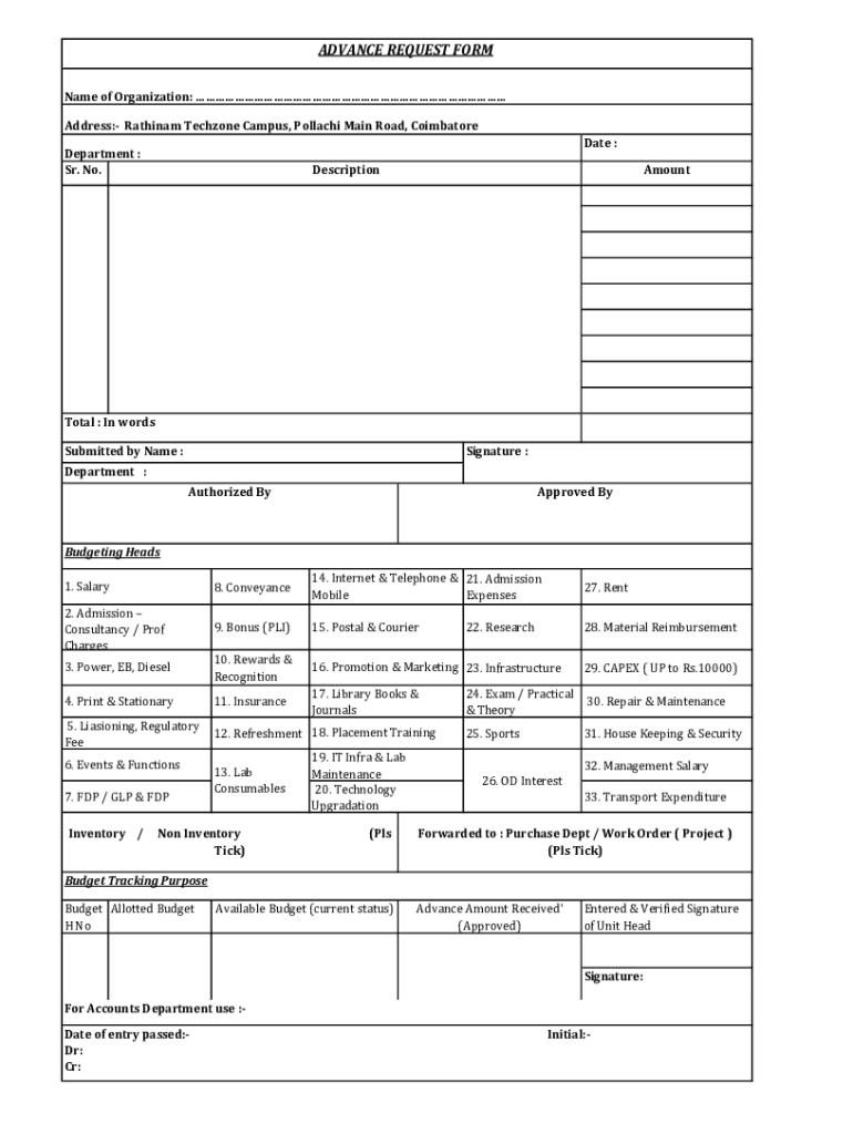 Fillable Online ADVANCE REQUEST FORM Fax Email Print - pdfFiller