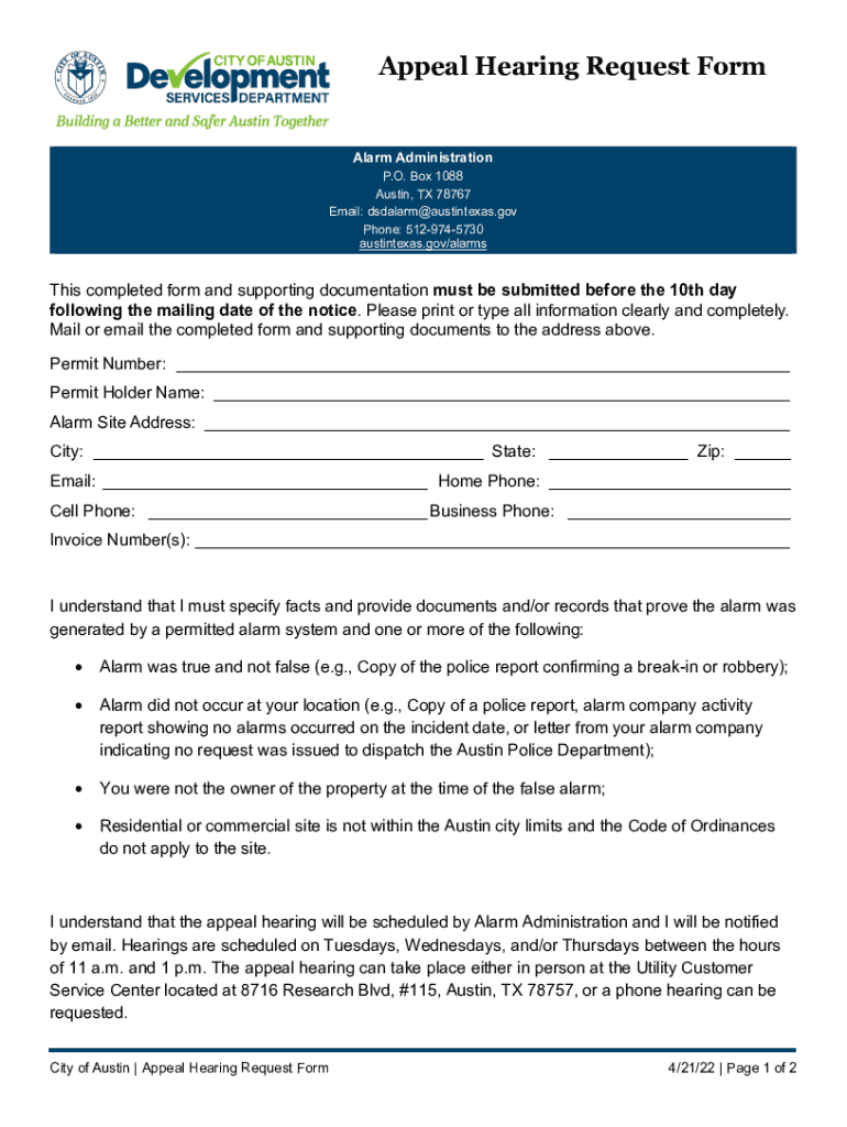 Fillable Online Appeal Hearing Request. Application for Title in Austin ...