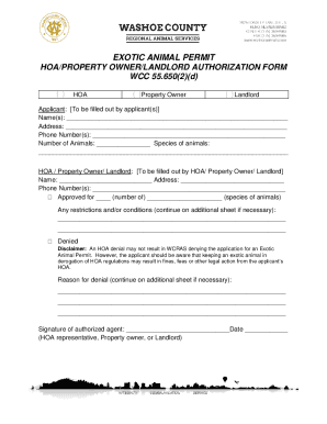Fillable Online EXOTIC ANIMAL PERMIT HOA/PROPERTY OWNER/LANDLORD ...