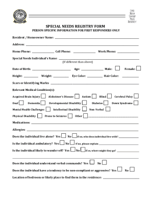 Fillable Online SPECIAL NEEDS REGISTRY FORM - Upper Merion Township Fax ...