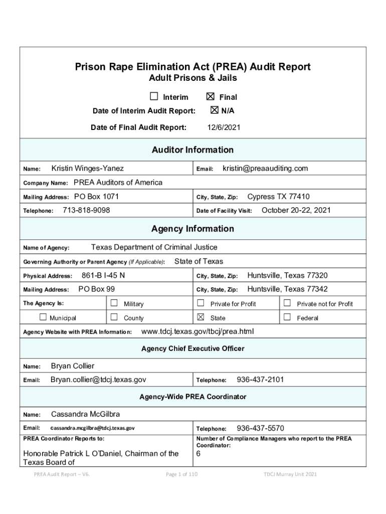 Fillable Online Prison Rape Elimination Act (PREA) Audit Report - Texas ...