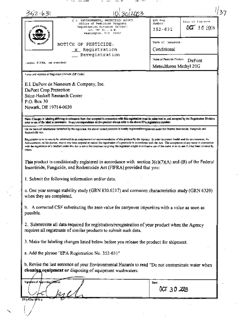 Fillable Online U.S. EPA, Pesticide Product Label, DUPONT METSULFURON ...