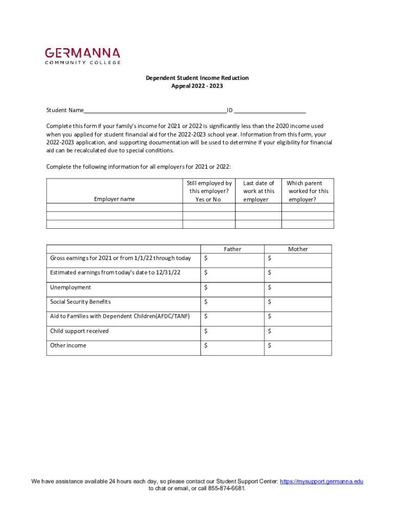 Fillable Online Dependent Income Reduction Appeal Form 22-23 Fax Email Print - pdfFiller