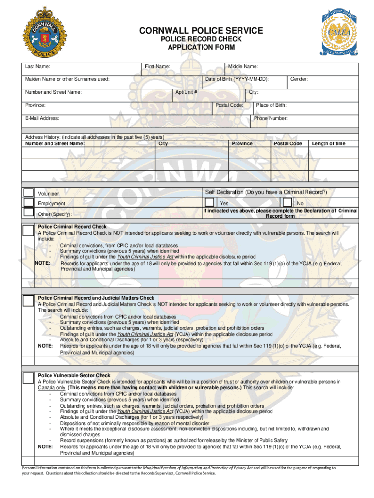 Fillable Online Police Record Checks :: Cornwall Police Service ...