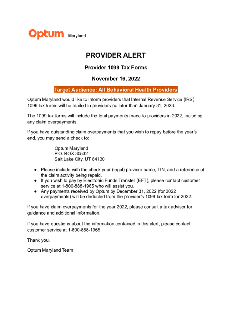 Fillable Online Provider Alerts - OptumSet up and use the IRS 1099 Form ...