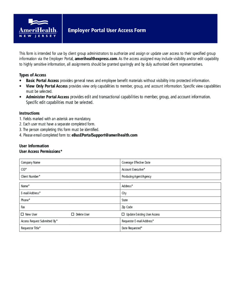 Fillable Online Employer Portal User Access Form. Employer Portal User ...