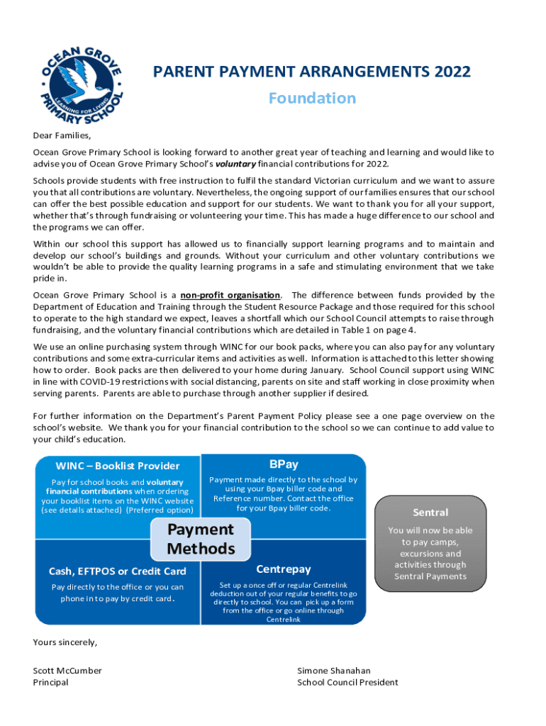 Fillable Online Parent Payment Arrangements Template (Primary) - Ocean ...