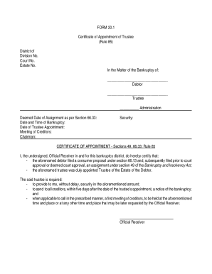 Fillable Online FORM 20.1 Certificate of Appointment of Trustee ...