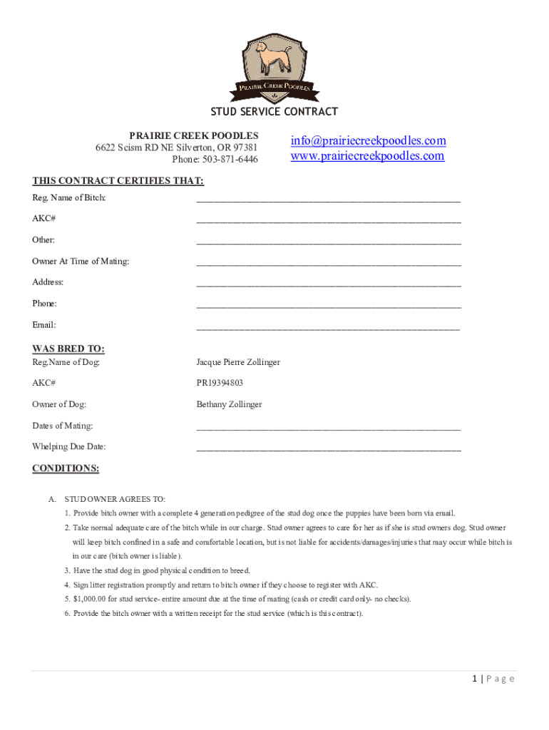 Fillable Online Sample Stud Service Agreement - Versatility In Poodles ...