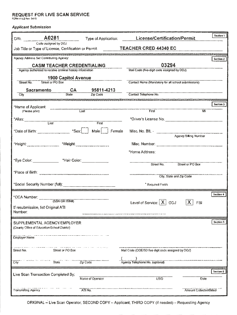 Fillable Online 41-LS Form. Request for Live Scan Service41-LS Form ...