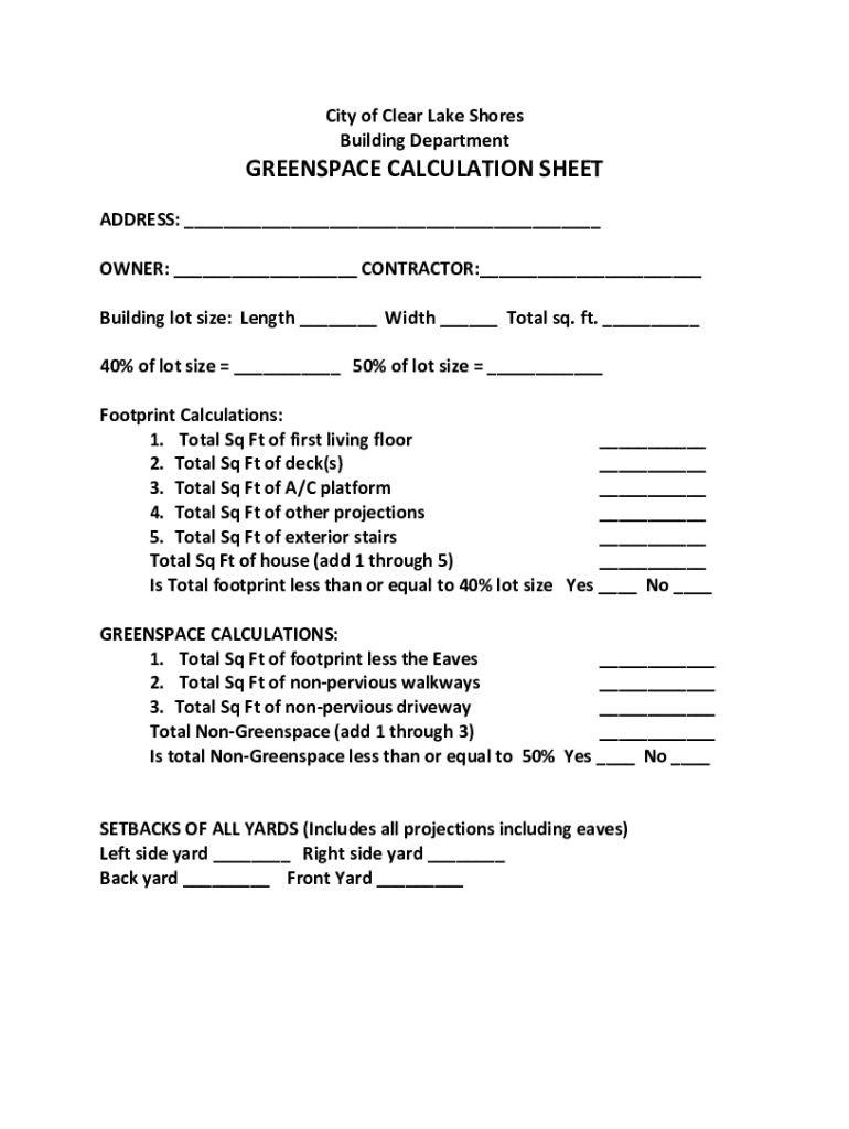 Fillable Online GREENSPACE CALCULATION SHEET Fax Email Print - pdfFiller
