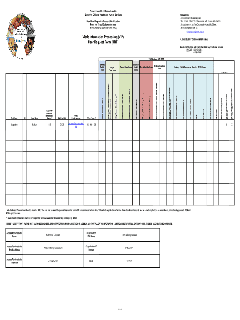 Fillable Online Vitals Information Processing (VIP) User Request Form ...