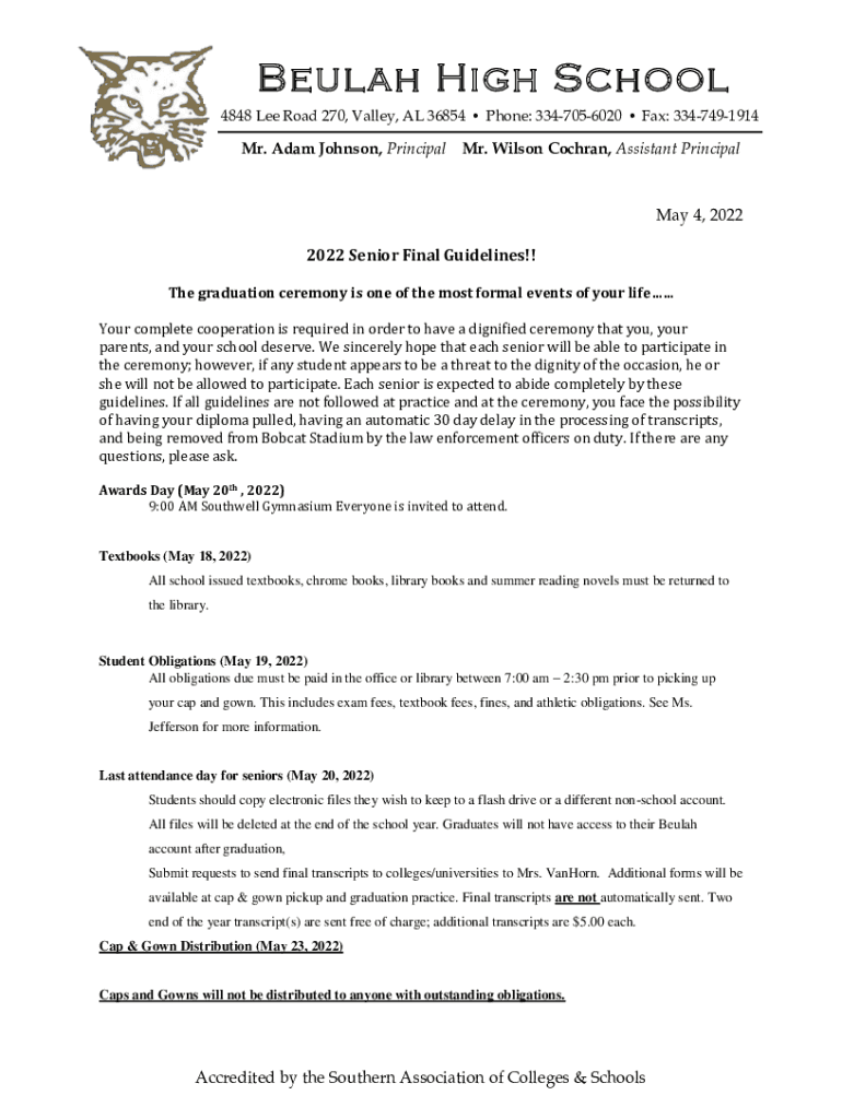 Fillable Online Beulah High School, 4848 Lee Road 270, Valley, AL ...