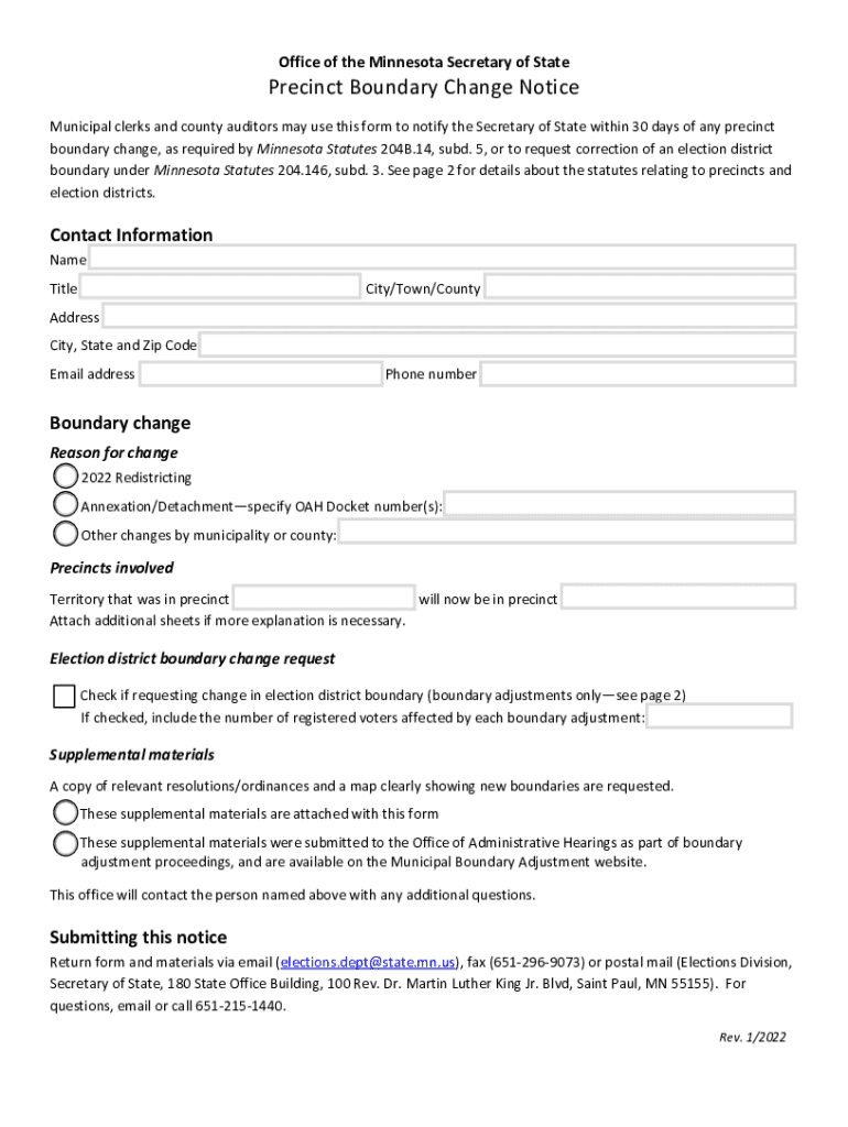Fillable Online Precinct Boundary Change Notice. Form used to give ...