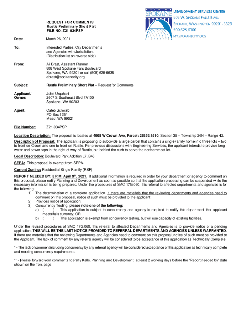 Fillable Online Rustle Preliminary Short Plat Request for Comments Fax ...