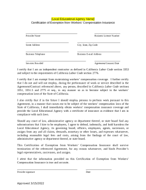 CERTIFICATE OF EXEMPTION FROM WORKERS' COMPENSATION INSURANCE Doc ...