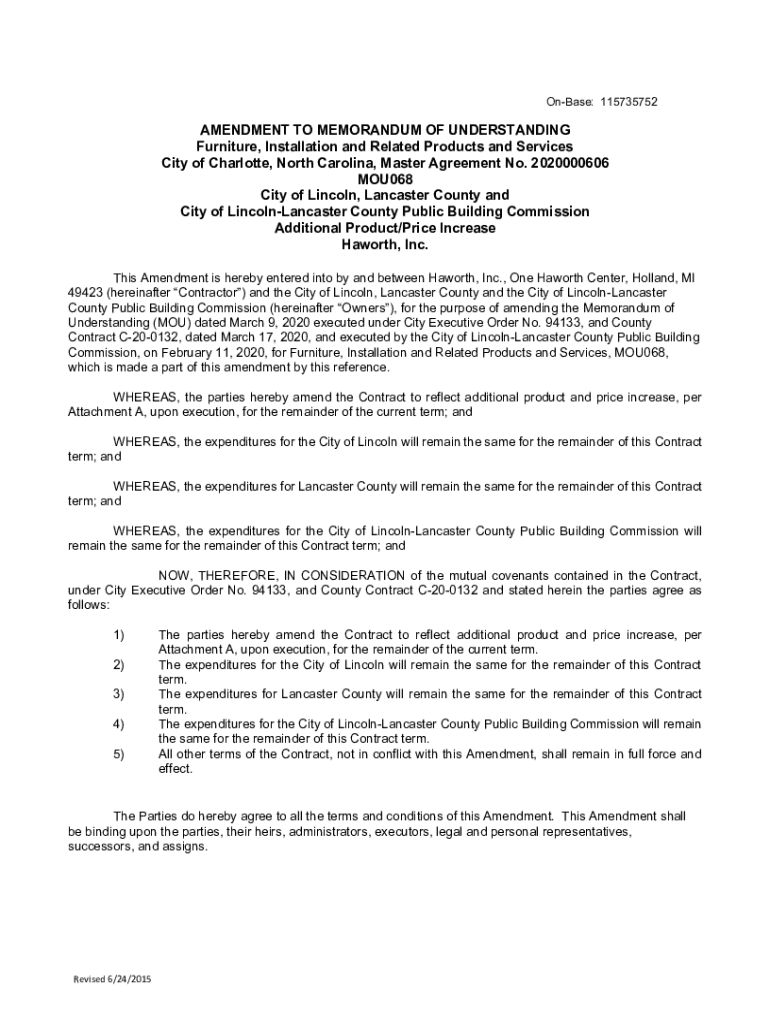 Fillable Online AMENDMENT TO MEMORANDUM OF UNDERSTANDING Furniture ...