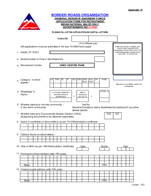 Fillable Online Border Roads Organisation BRO General Reserve Engineer ...