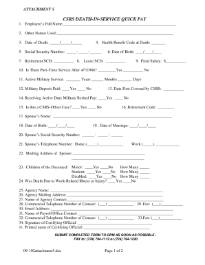 Fillable Online CSRS DEATH-IN-SERVICE QUICK PAY 1. - United States ...