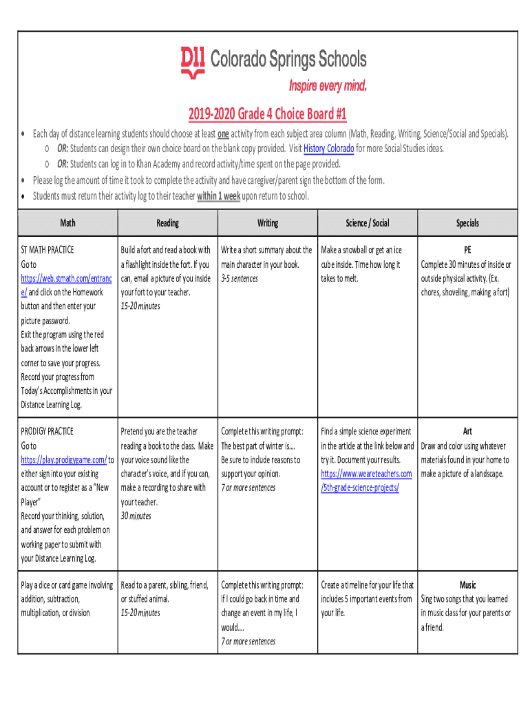 Fillable Online Distance Learning Made Easy with Choice Boards - Super ...