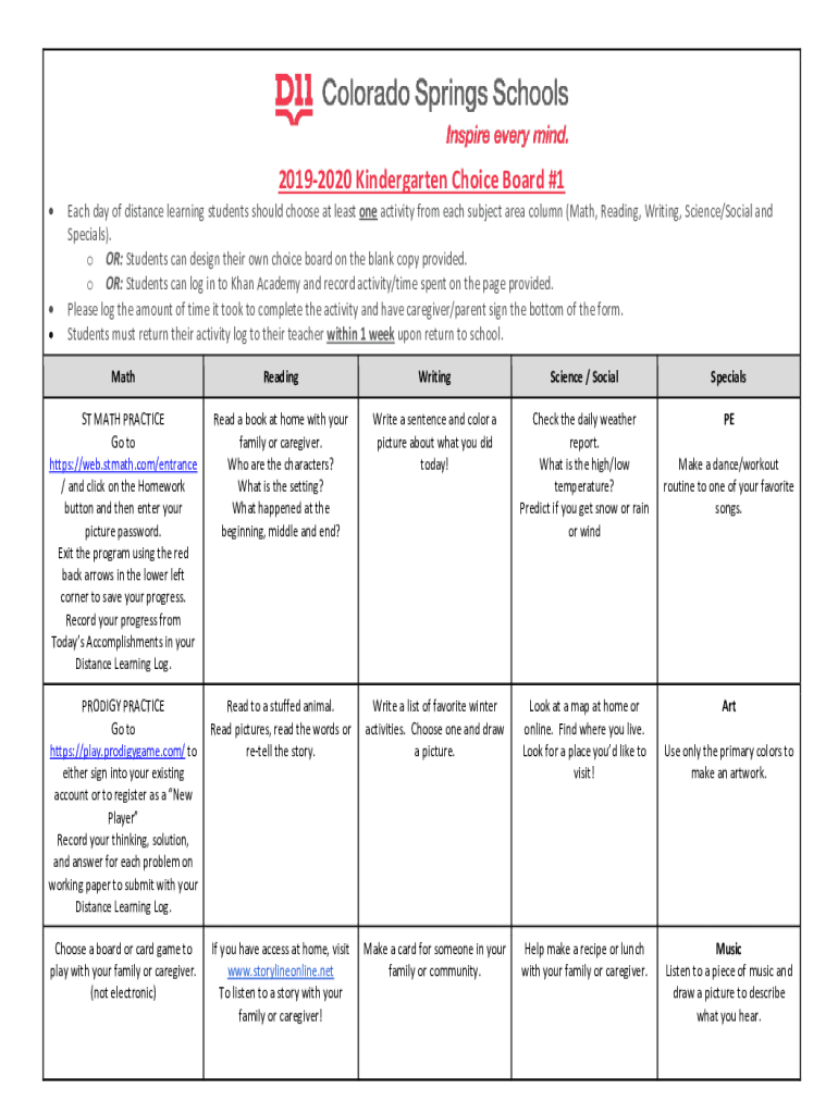 Fillable Online Kindergarten Choice Boards for Distance Learning ...