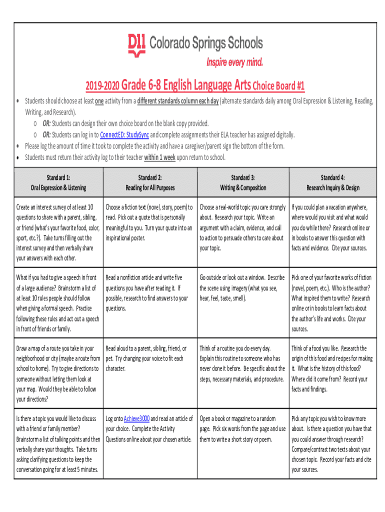 Fillable Online 120 ELA-Choice boards ideaschoice boards, teaching ...