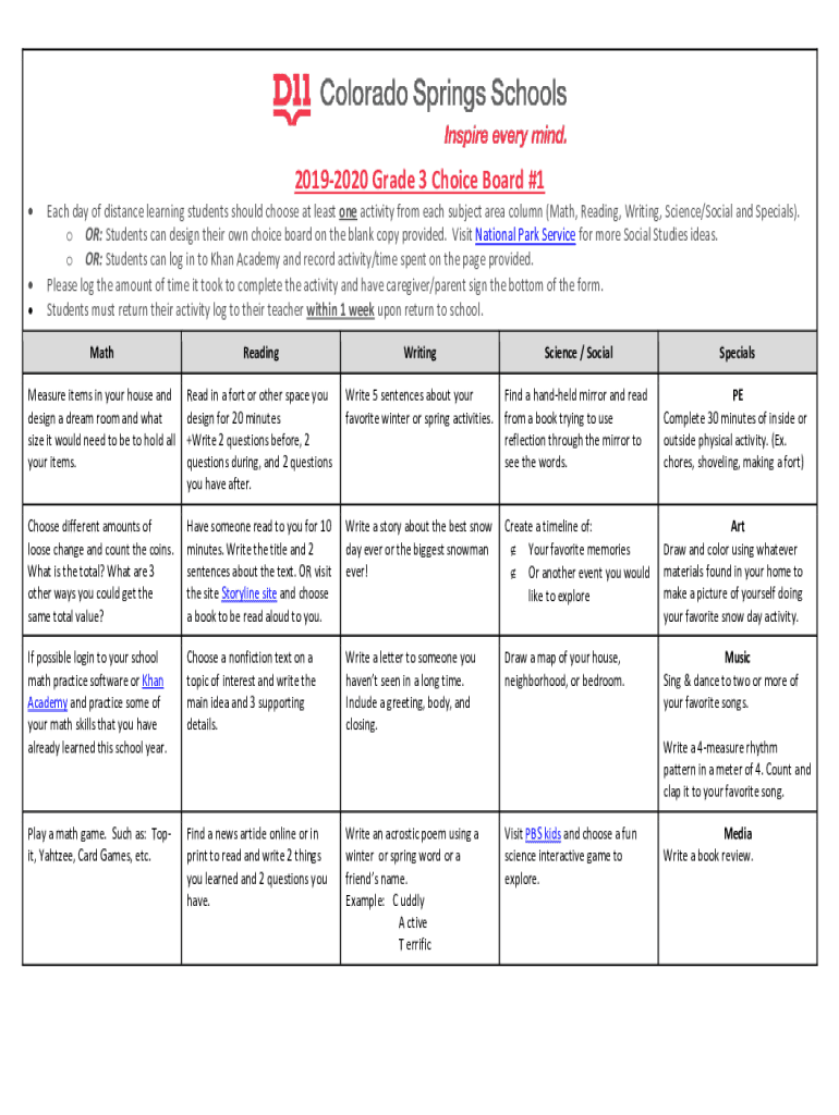 Fillable Online Physical Health Choice Boards For Distance Learning Fax ...