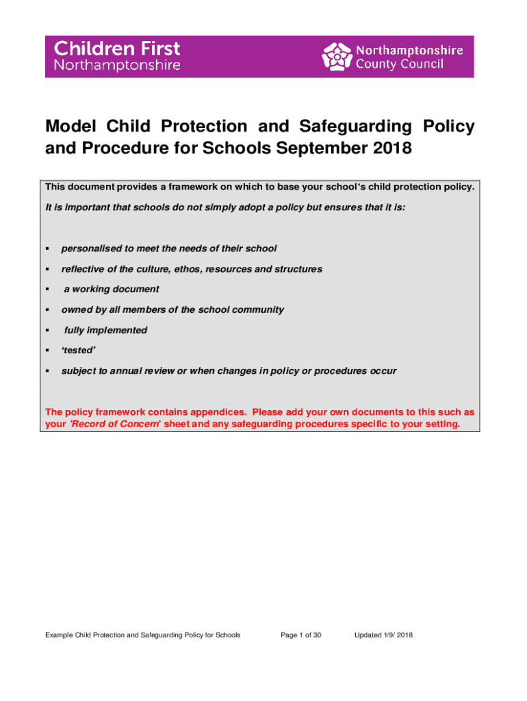 Fillable Online Model Child Protection and Safeguarding Policy and ...