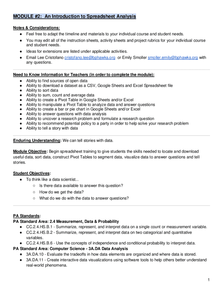 Fillable Online Introduction To Spreadsheets And Models Module 2 Fax Email Print Pdffiller