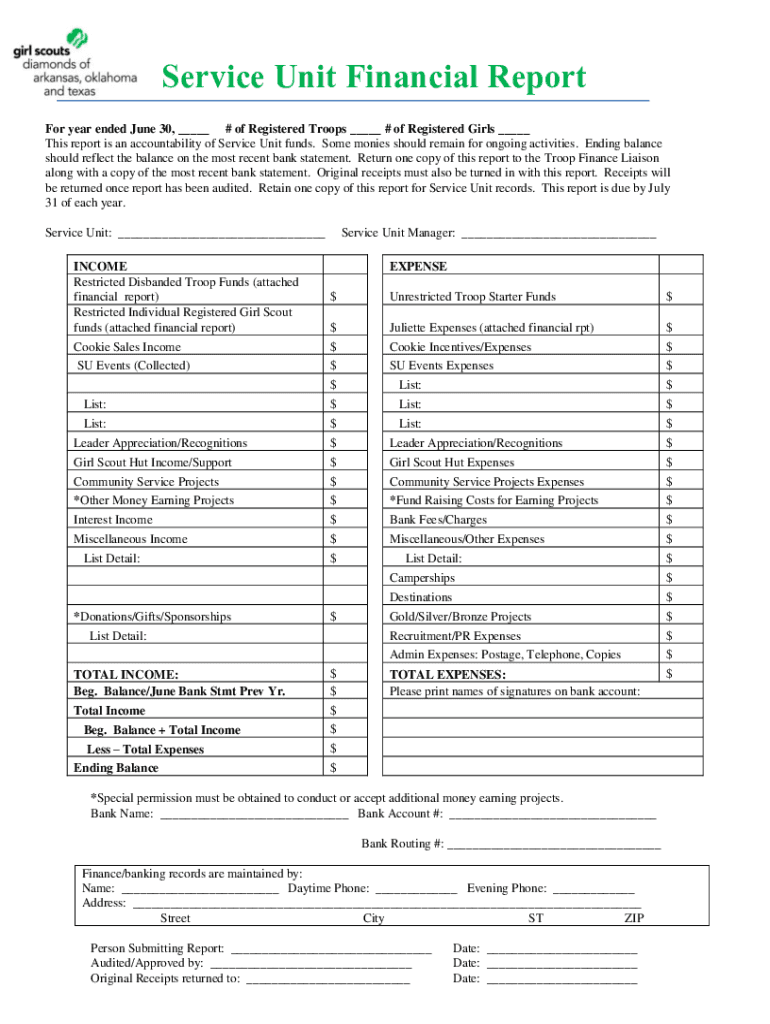 Fillable Online Service Unit Financial Report - Girl Scouts Diamonds ...