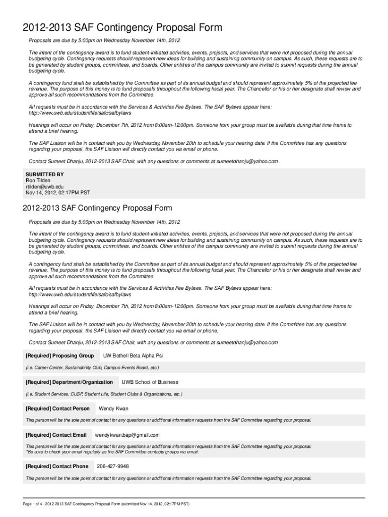 Fillable Online 2012-2013 SAF Contingency Proposal Form - UW Bothell ...