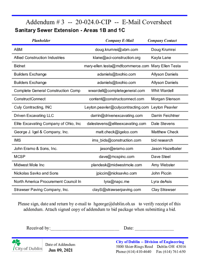Fillable Online BID ADDENDUM NO. 3 CITY OF GROVE CITY MULBERRY RUN ...